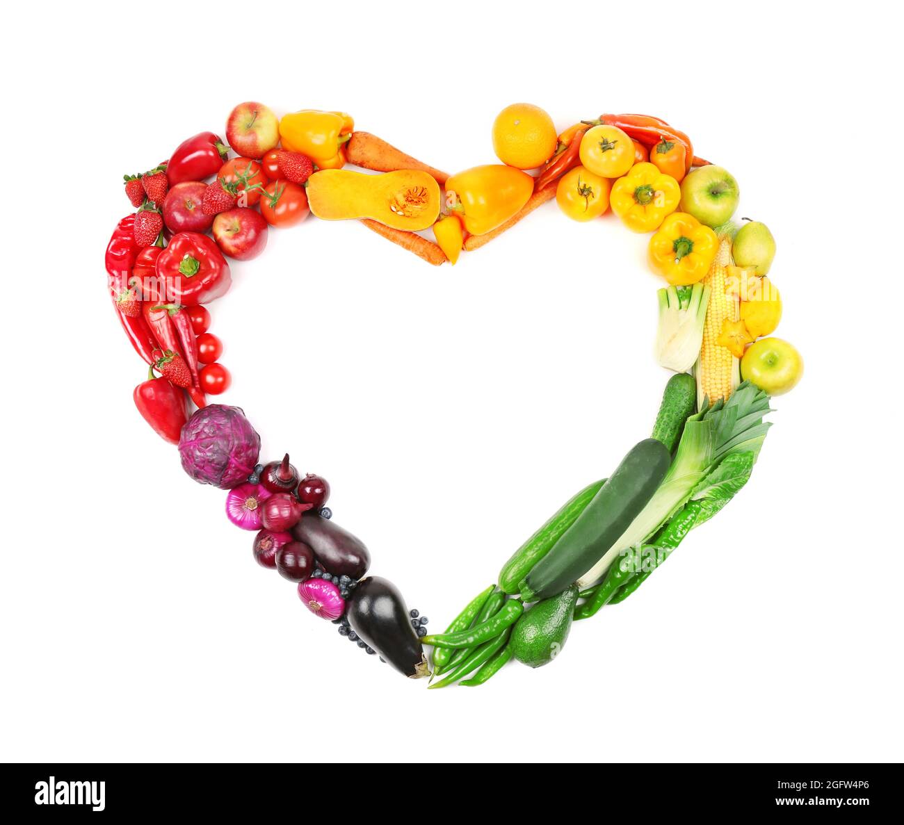 Heart shape frame of colourful fruits and vegetables on white ...