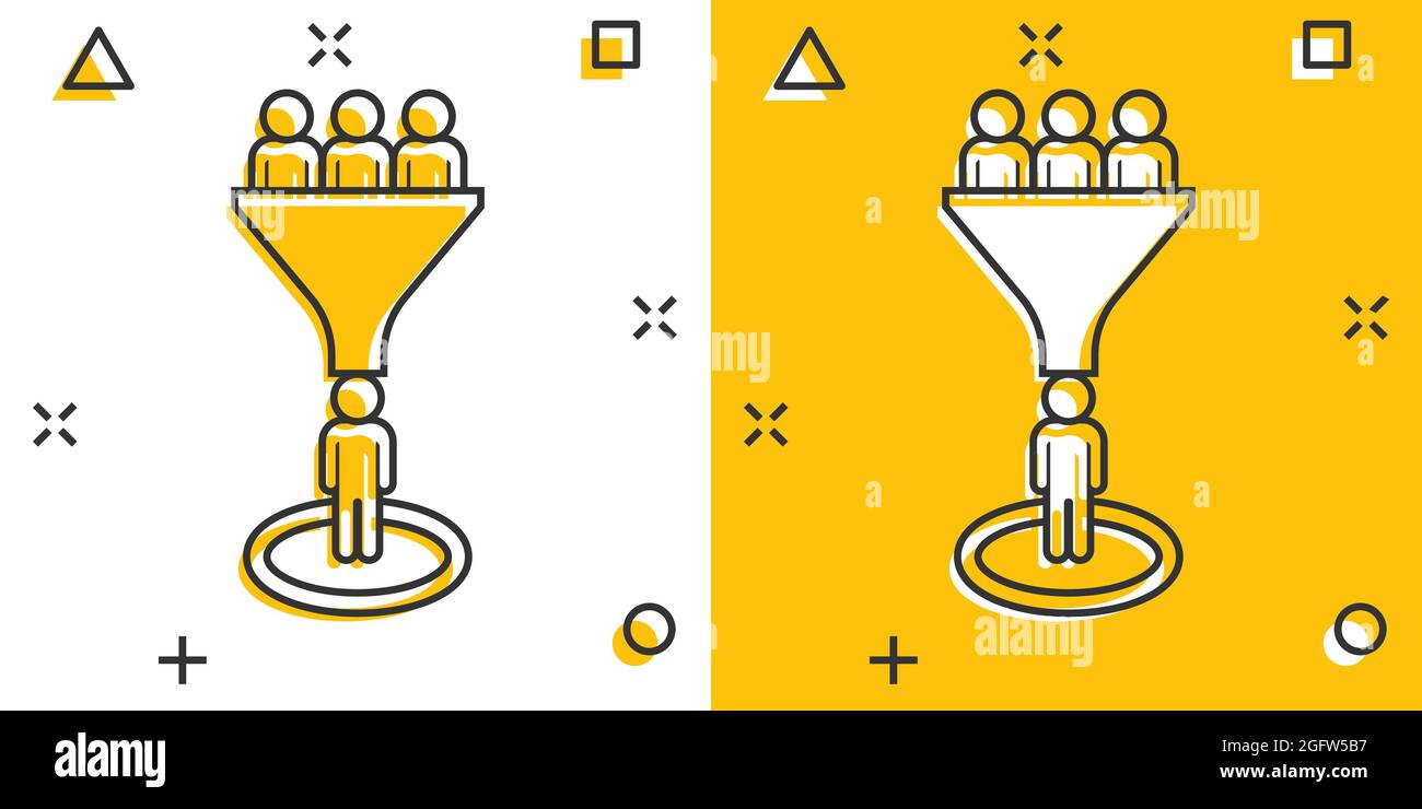 Lead management icon in comic style. Funnel with people vector cartoon ...