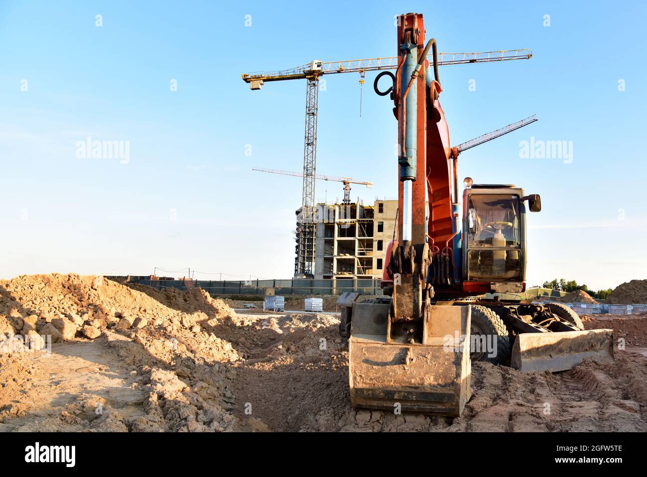 Bucket wheel excavator on earthmoving at construction site. Backhoe ...