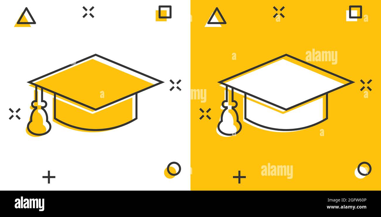 Graduation cap icon in comic style. Education hat vector cartoon ...