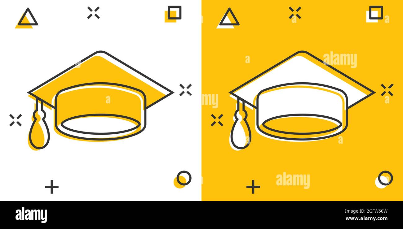 Graduation cap icon in comic style. Education hat vector cartoon ...