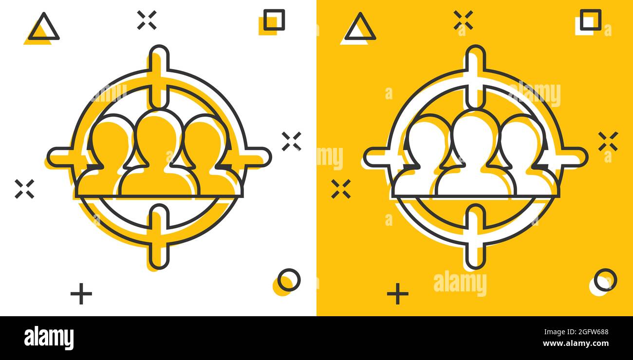 Target audience icon in comic style. Focus on people vector cartoon ...