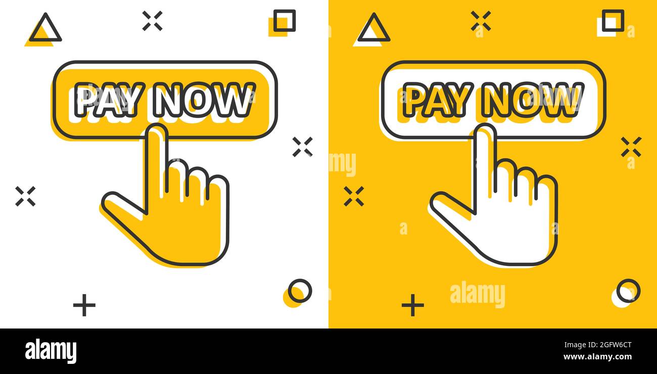 Pay now icon in comic style. Finger cursor vector cartoon illustration ...