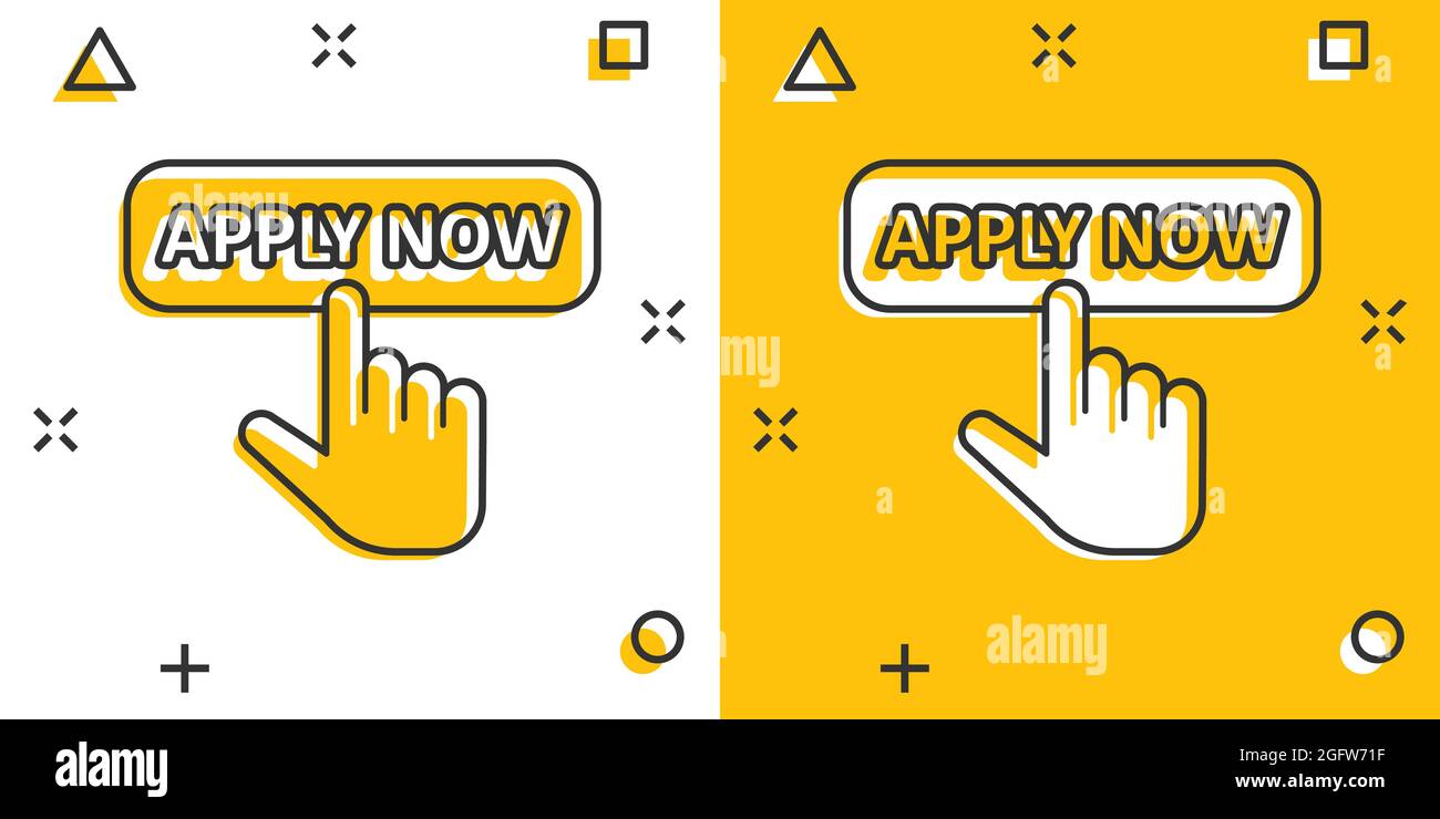 Apply now icon in comic style. Finger cursor vector cartoon ...