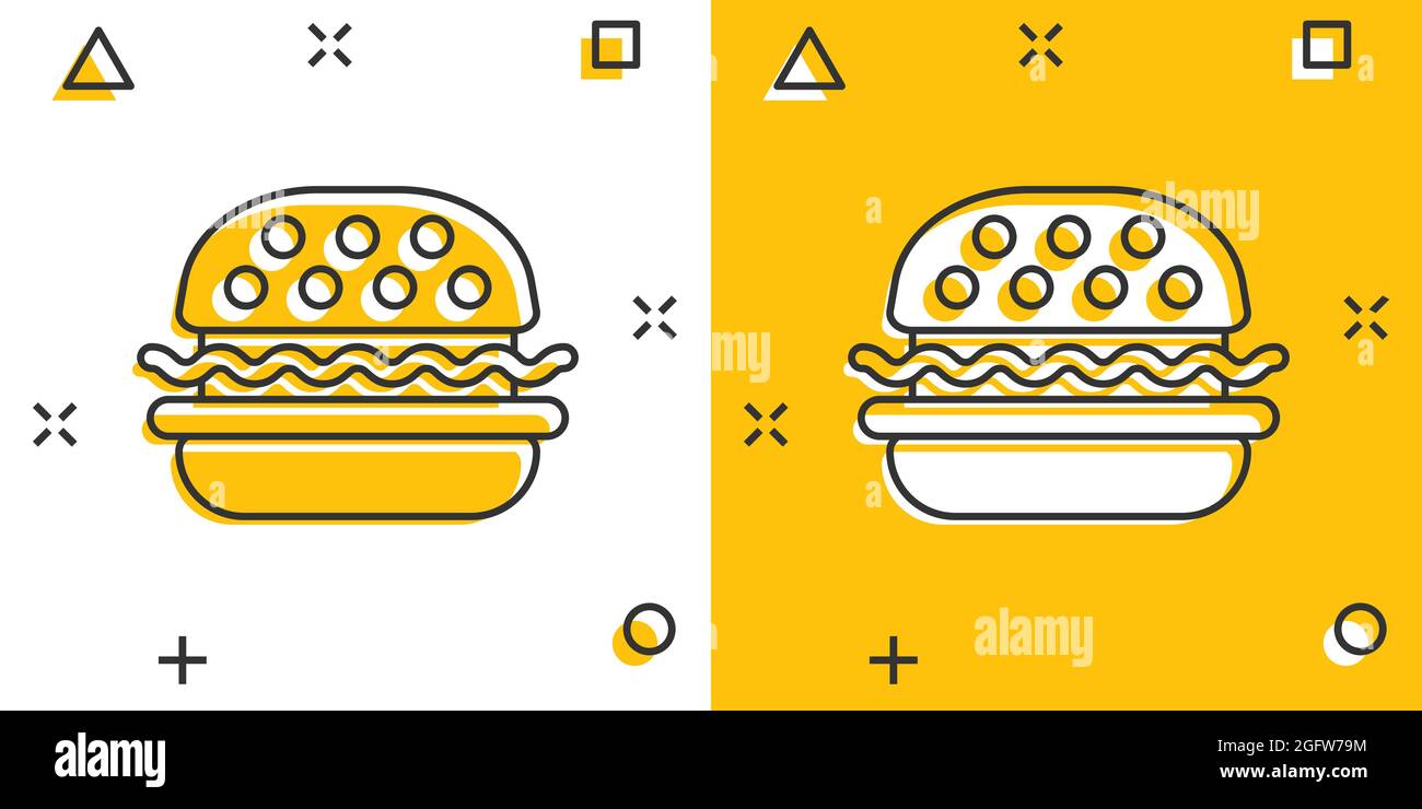 Burger sign icon in comic style. Hamburger vector cartoon illustration ...