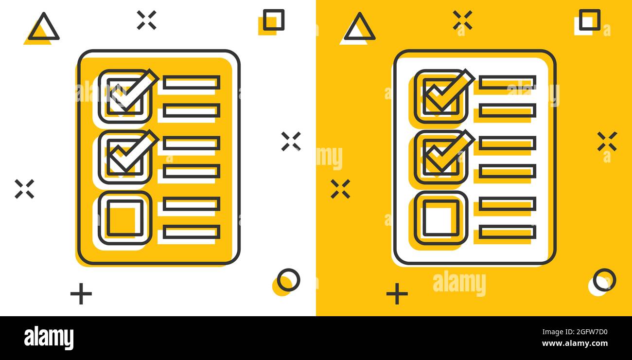 Checklist document sign icon in comic style. Survey vector cartoon ...