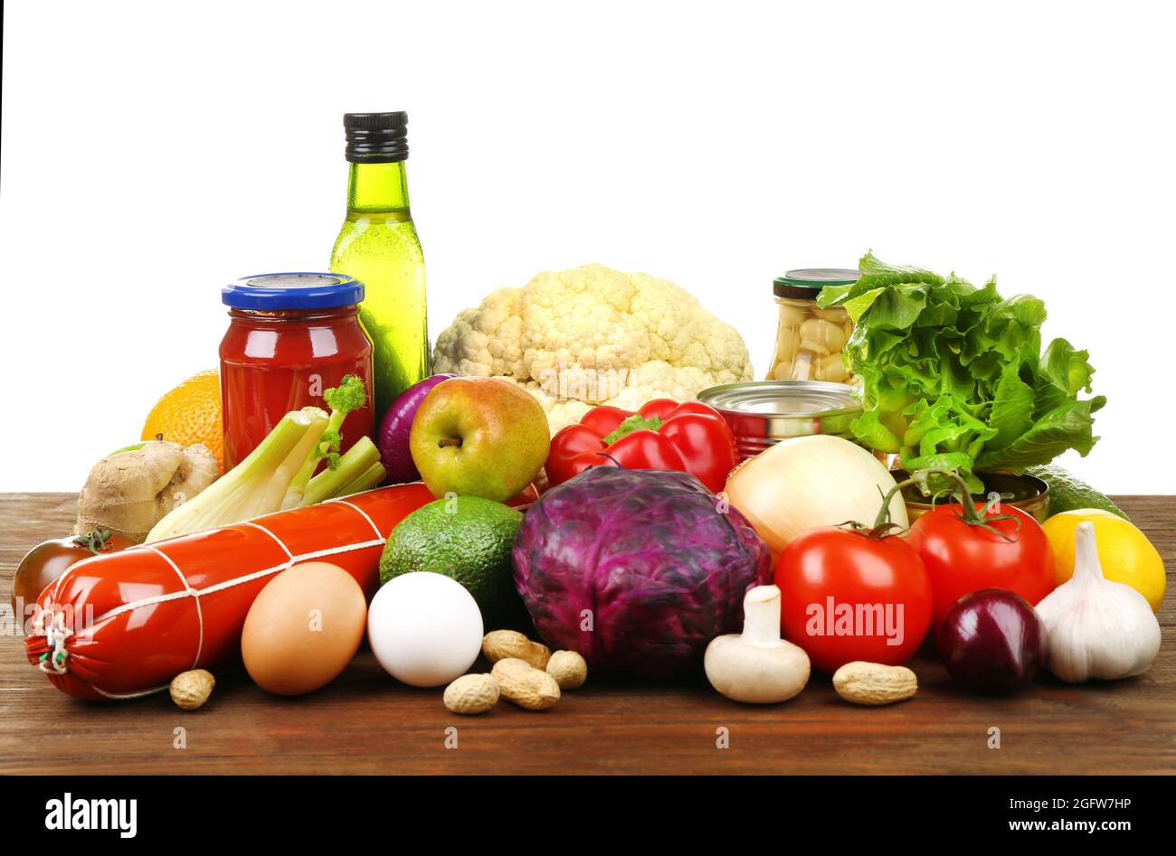 Fresh vegetables and foodstuff on white background Stock Photo - Alamy