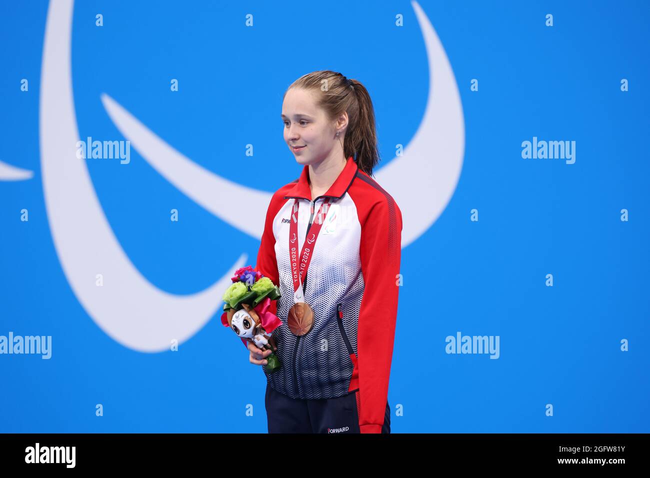 Bronze medalist RAZETDINOVA Adelina(RPC) celebrates on the podium for ...