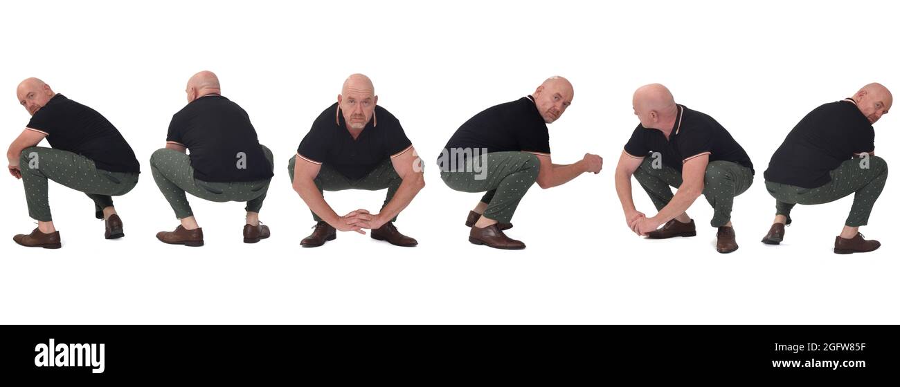 various poses of same man squatting on white background Stock Photo - Alamy