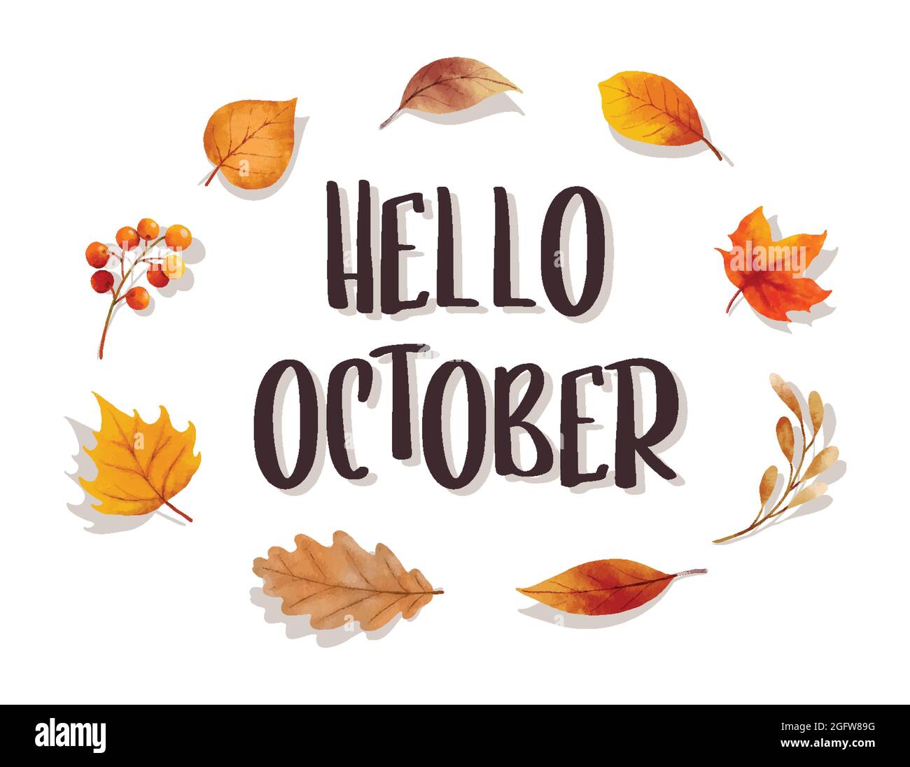 Hello october with ornate of leaves flower frame. Autumn october hand ...