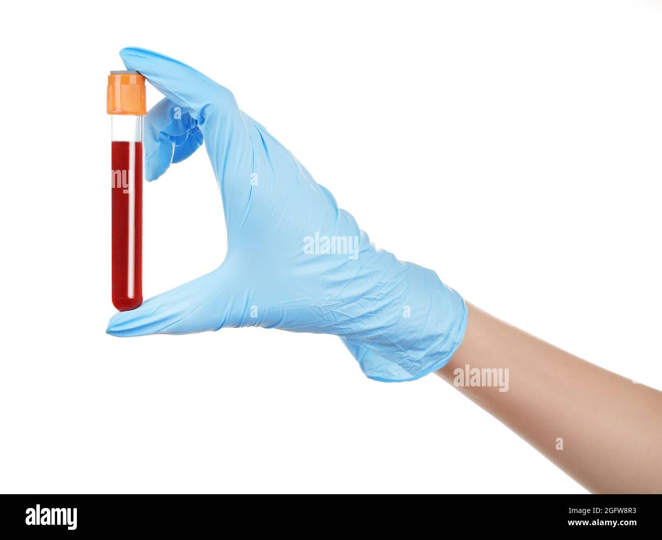 Hand holding test tube with blood isolated on white Stock Photo - Alamy