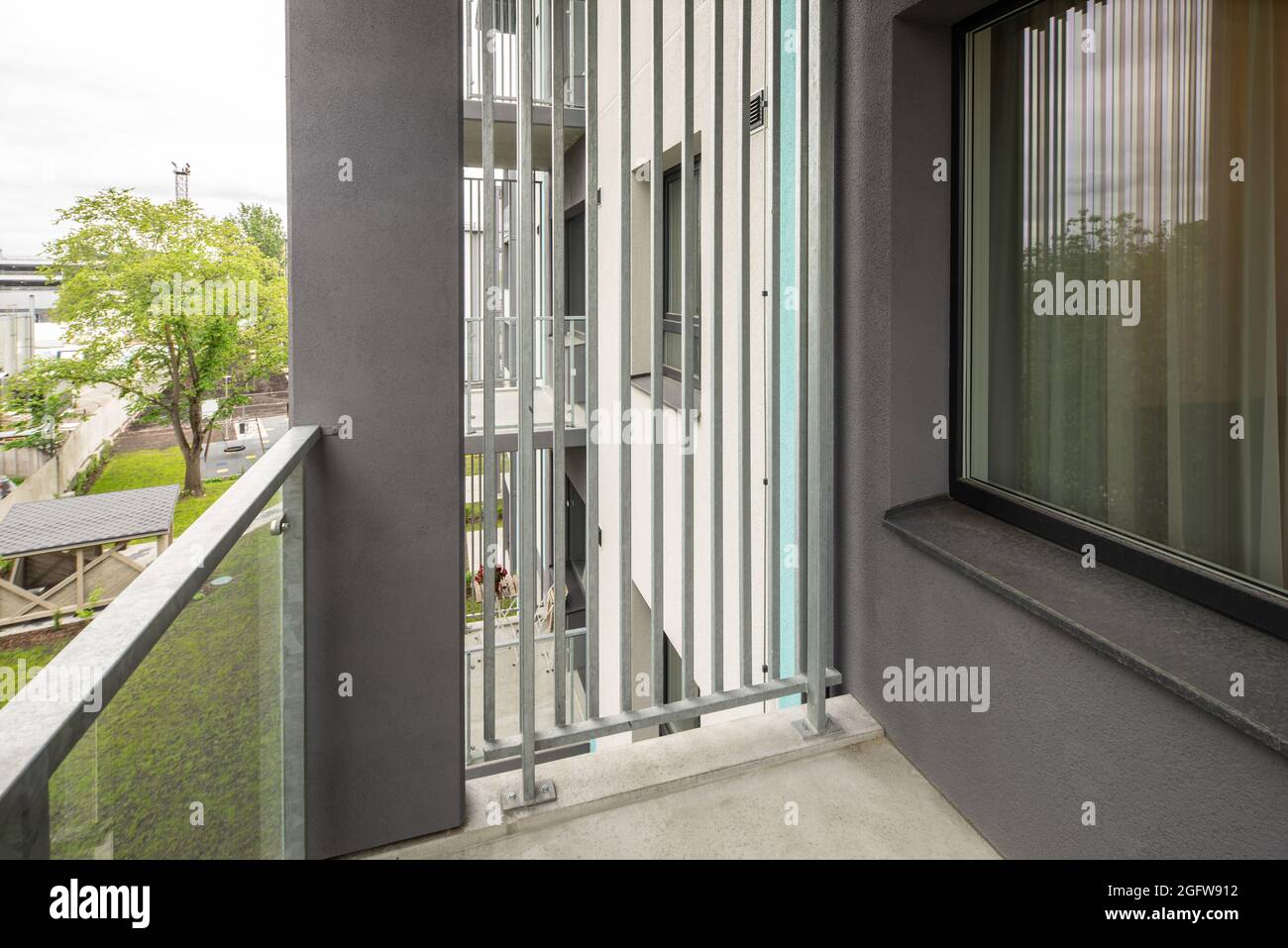 Balcony in luxury residential complex. Modern exterior of living ...