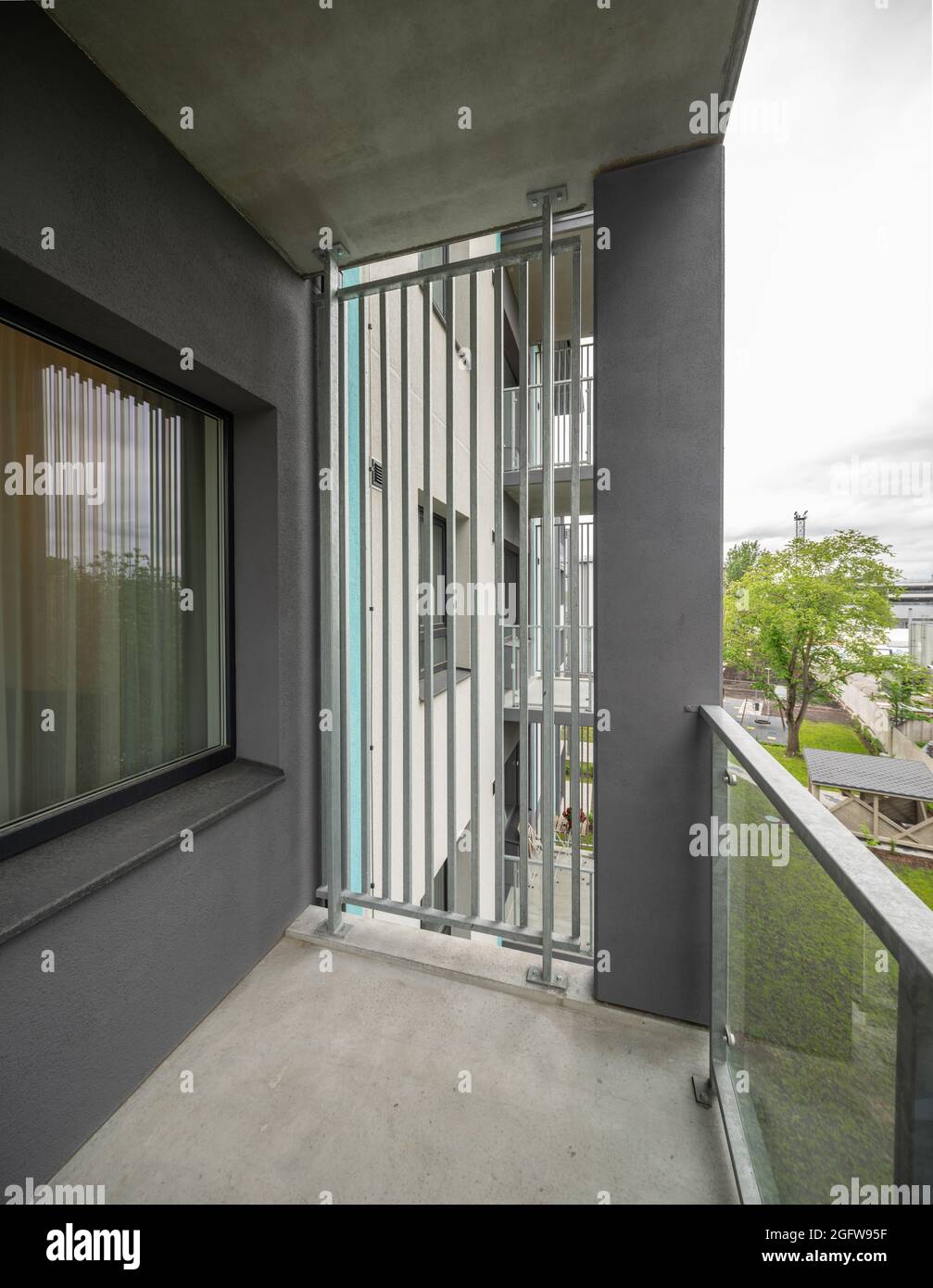 Balcony in luxury residential complex. Modern exterior of living ...