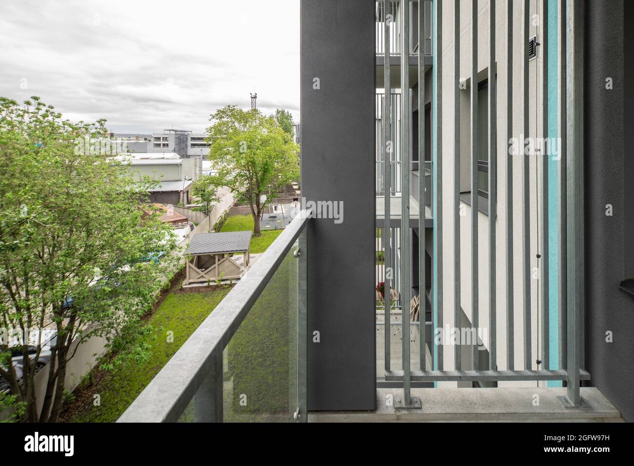 Balcony in luxury residential complex. Modern exterior of living ...