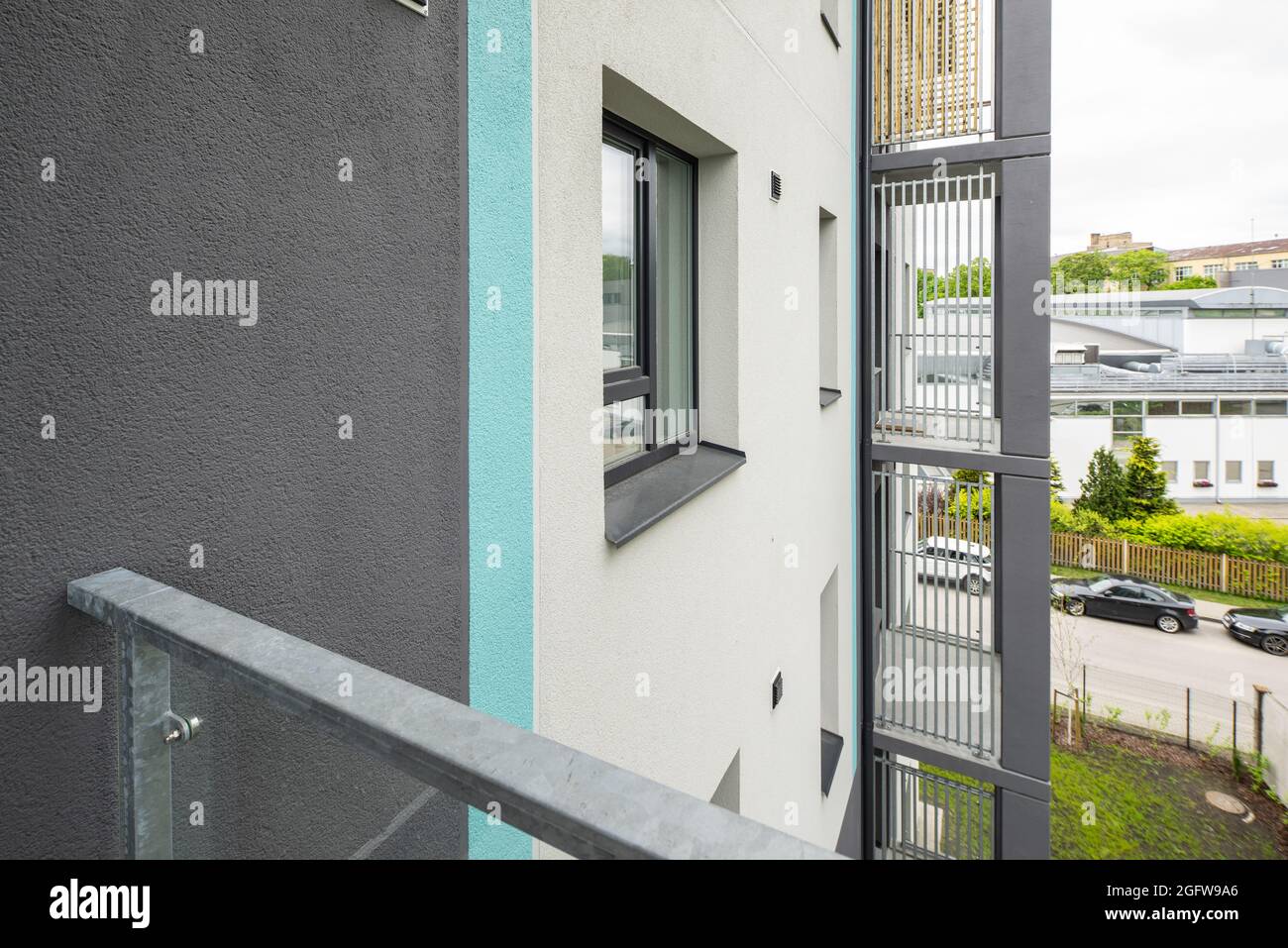 Balcony in luxury residential complex. Modern exterior of living ...