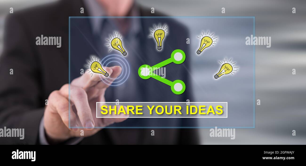 Man touching an ideas sharing concept on a touch screen with his finger ...