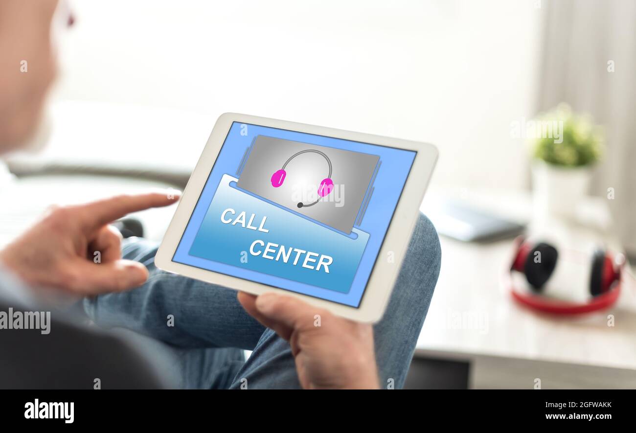 Tablet screen displaying a call center concept Stock Photo - Alamy