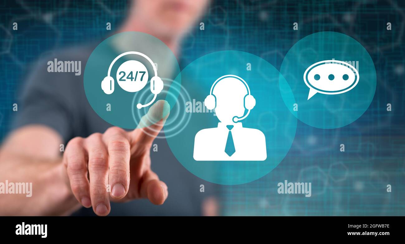 Man touching a call center concept on a touch screen with his finger ...