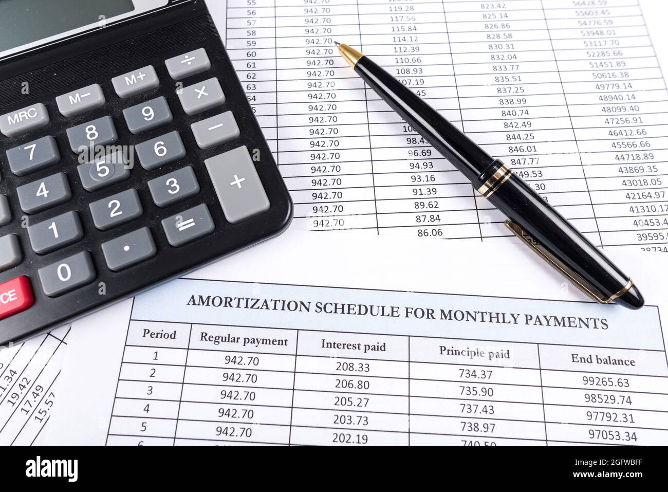 Amortization schedule documents with calculator Stock Photo - Alamy