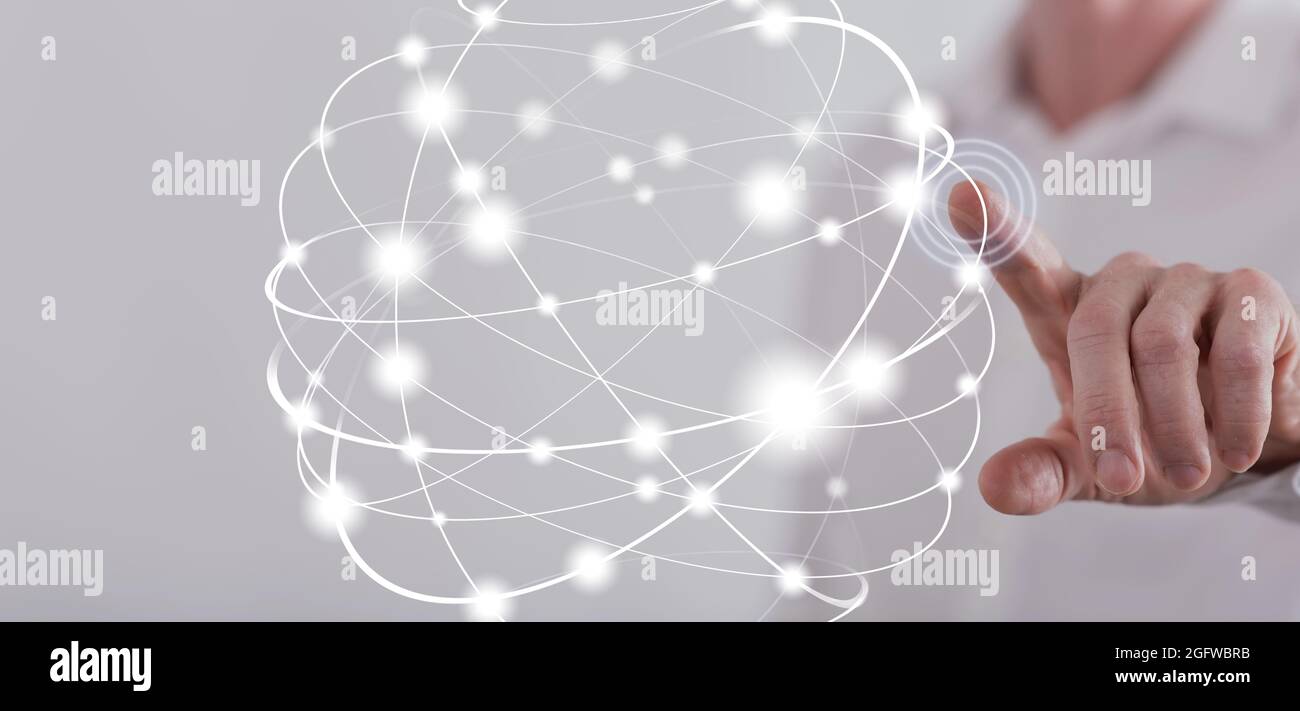 Man touching a global connection concept on a touch screen with his ...