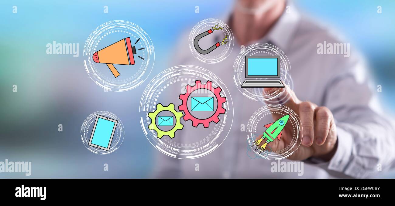 Man touching a digital marketing concept on a touch screen with his ...