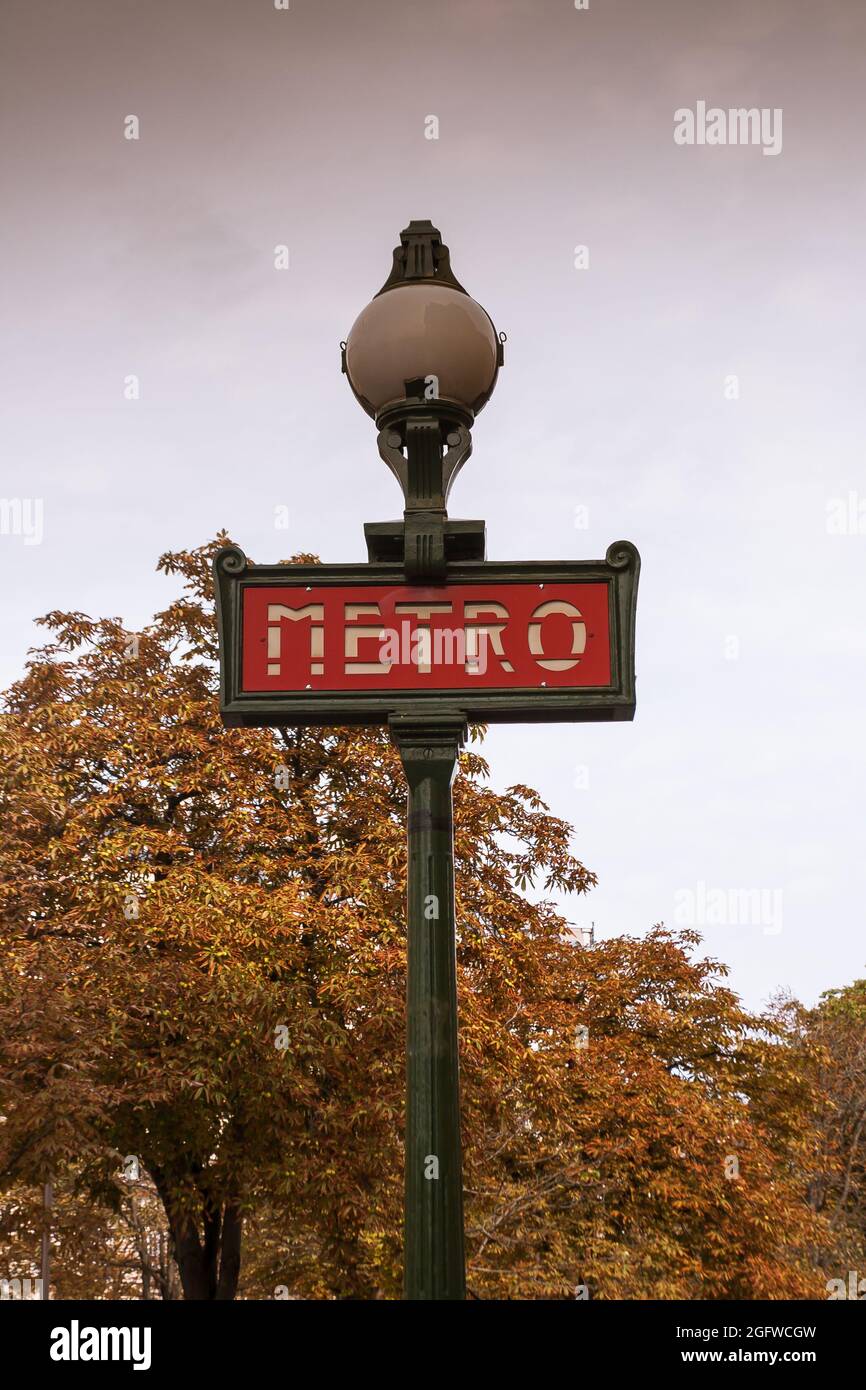 Traditional parisian metro (underground, subway) sign with old ...
