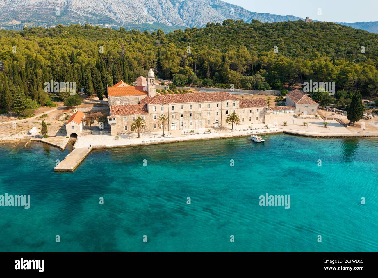 Aerial view of Franciscan monastery on Badija Island near Korcula ...