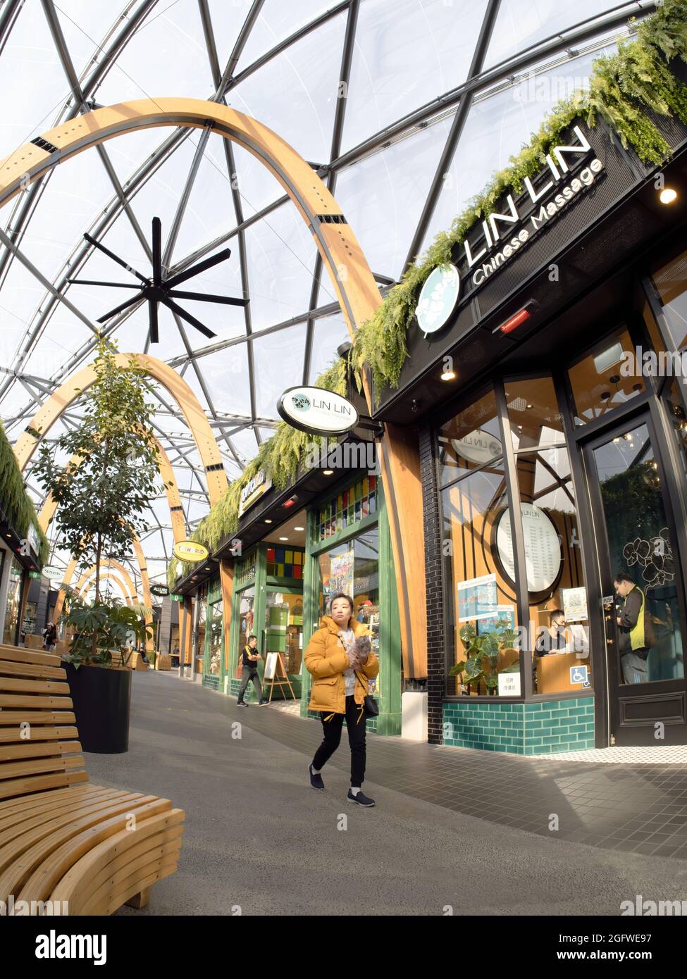 AUCKLAND, NEW ZEALAND - Aug 09, 2021: Fisheye view of shopping street ...