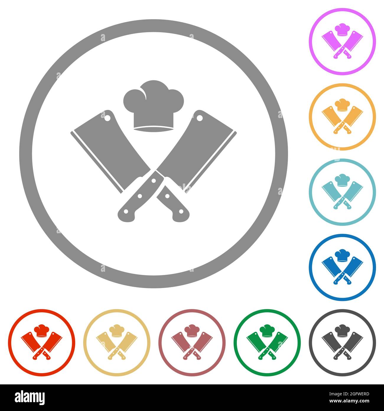 Two crossed meat cleavers and chef hat flat color icons in round ...