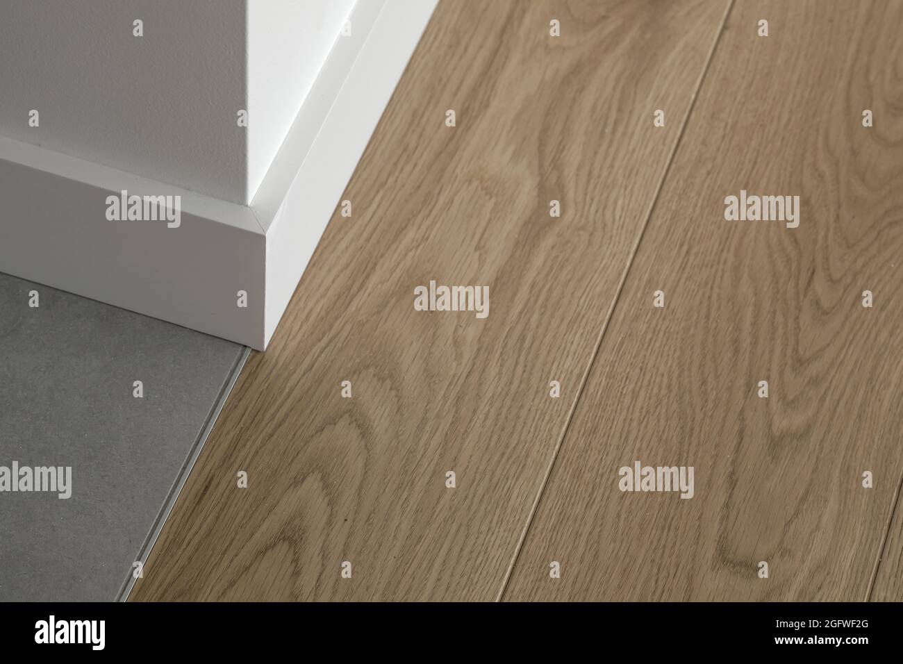 Room corner, three different textures: white wall, natural oak wood ...