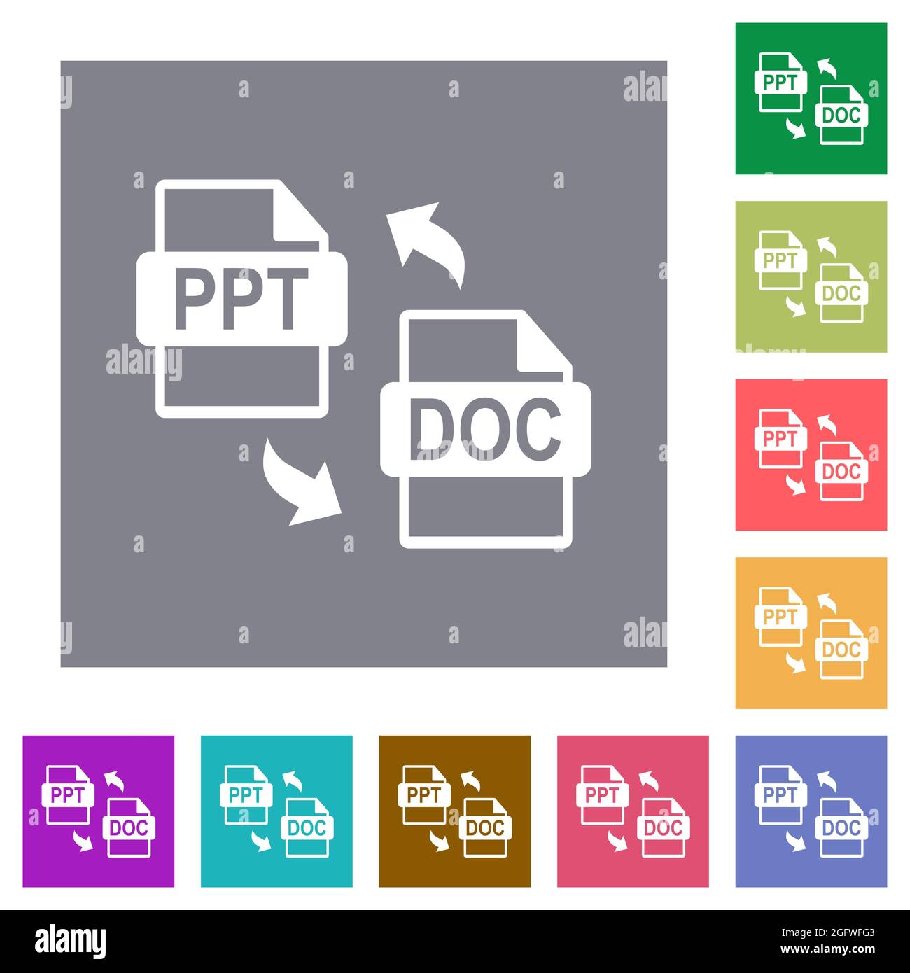 PPT DOC file conversion flat icons on simple color square backgrounds ...