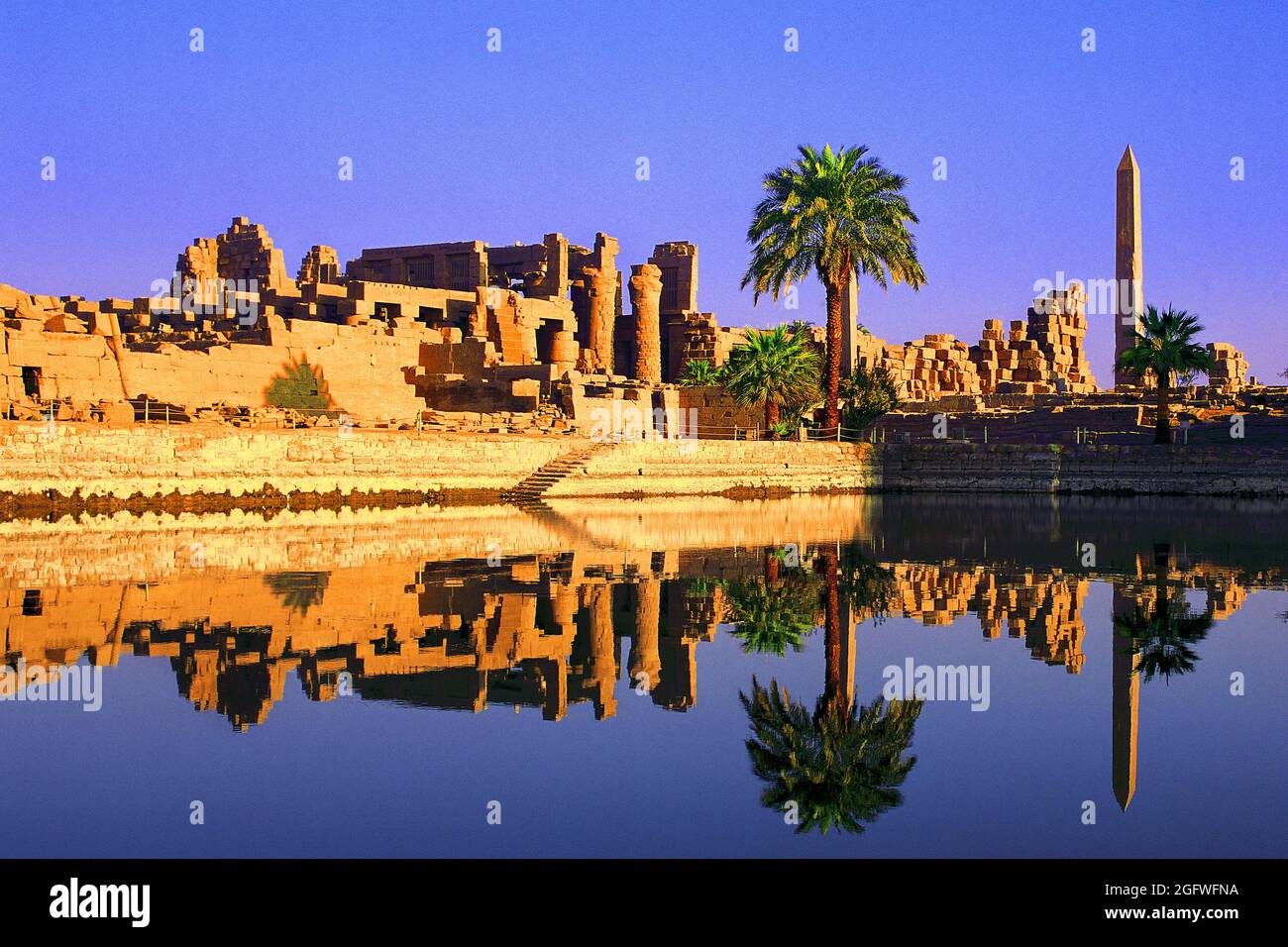 Palm trees grow beside the cistern, obelisk, columns and other remains ...