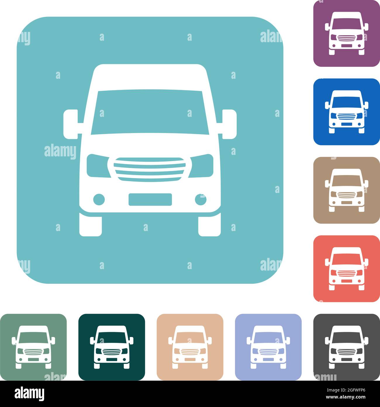 Van front view white flat icons on color rounded square backgrounds ...