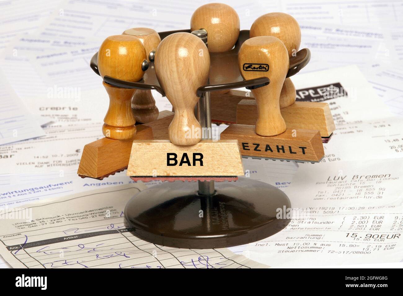 rubber-stamp holder with stamp lettering Bar, cash, Germany Stock Photo ...