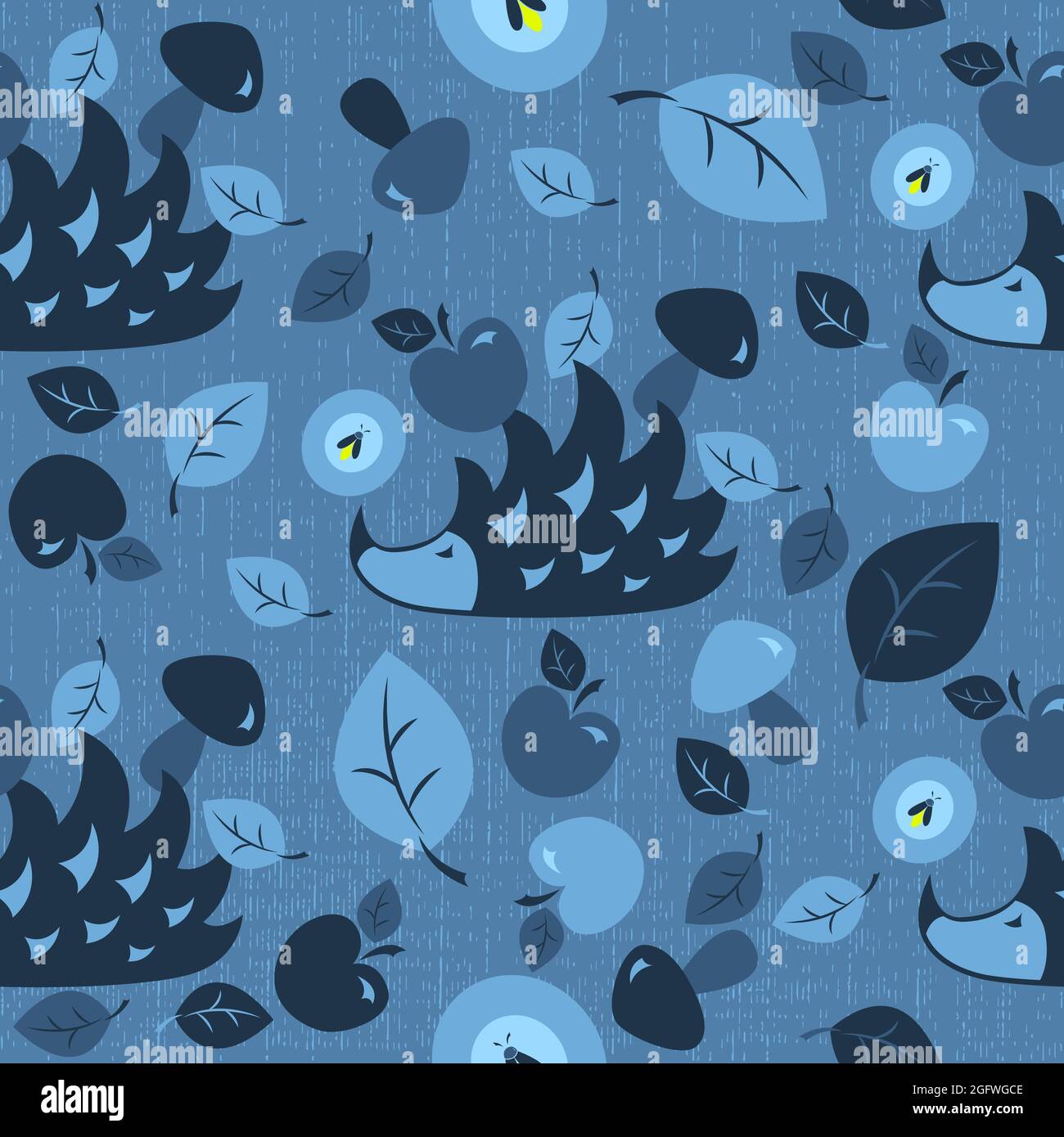 Hedgehogs in the night with fireflies, apples, mushrooms, leaves. Seamless pattern. Vector ...