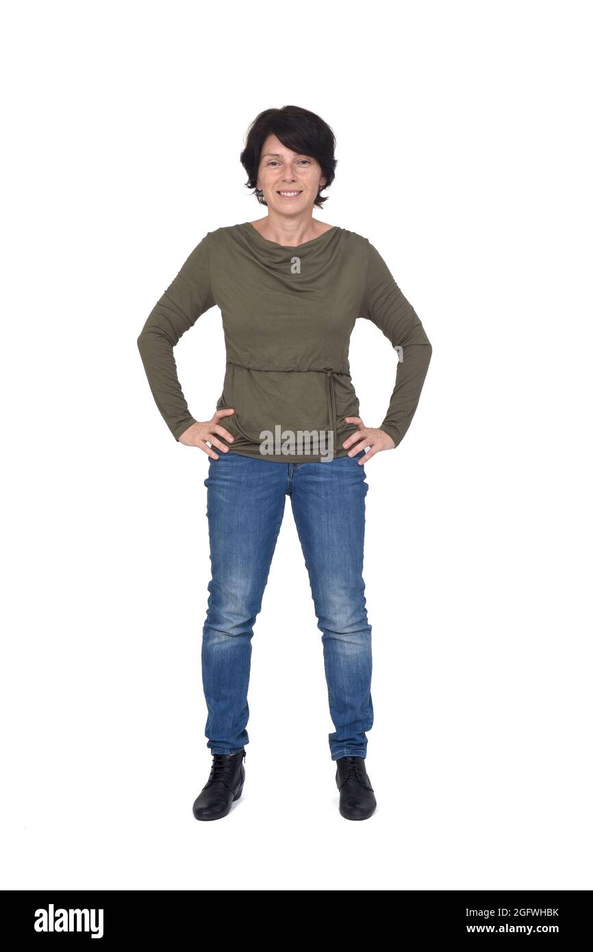 portrait of a woman hands on hips on white background Stock Photo - Alamy