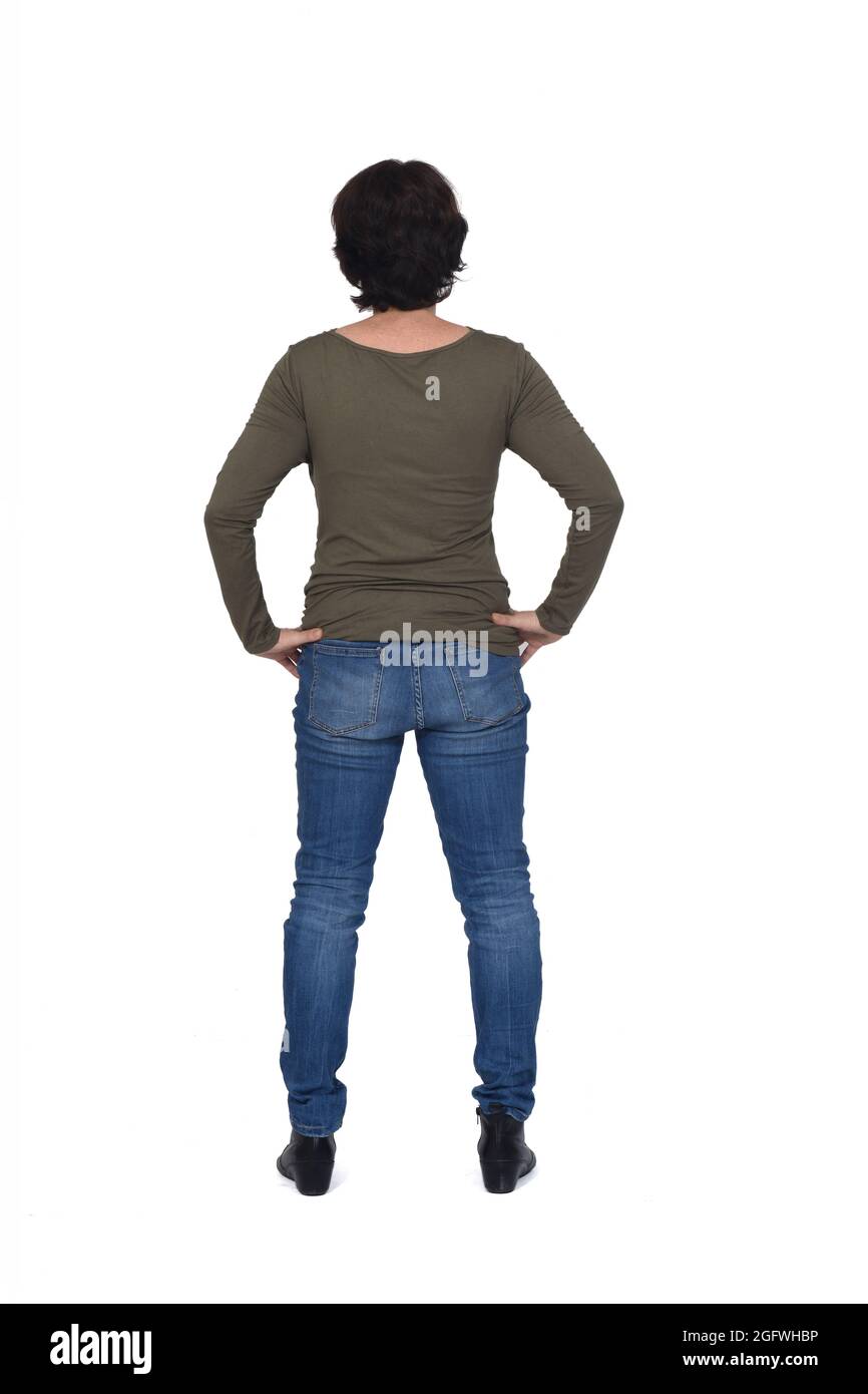 rear view of a woman hans on hip on white background Stock Photo - Alamy
