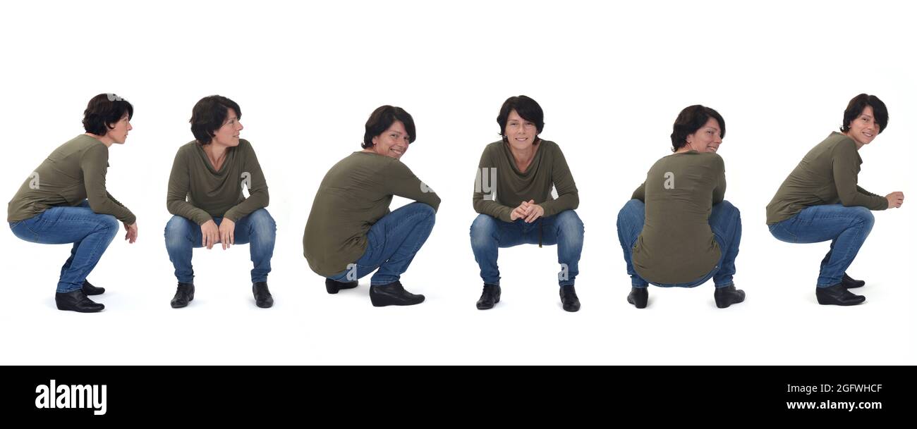 various squat poses of the same woman on white backgroun Stock Photo ...