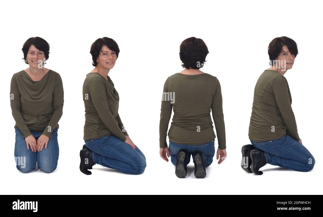 the same woman on her knees on white background Stock Photo - Alamy