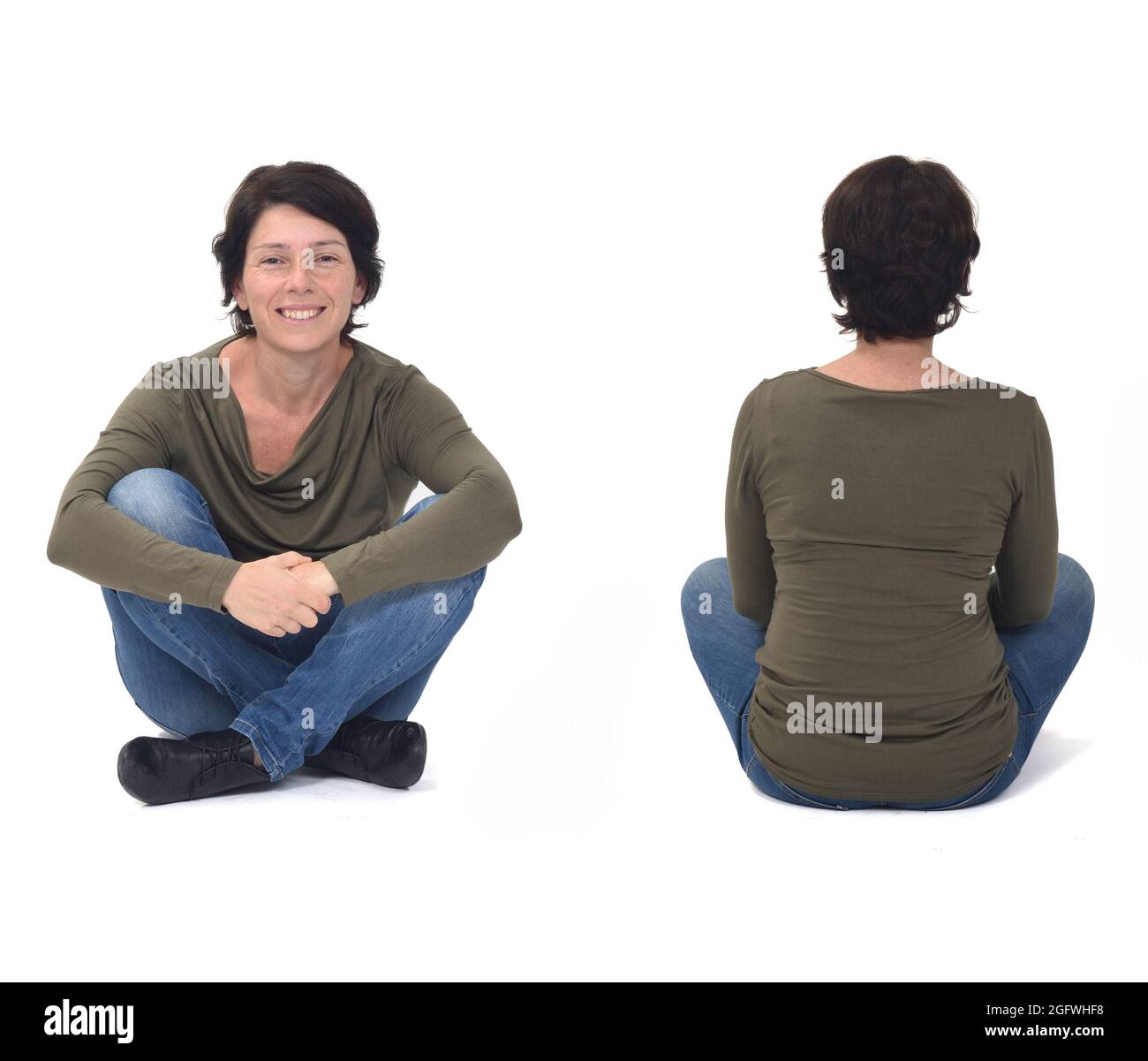 front and back of same woman sitting on floor on whte background Stock ...