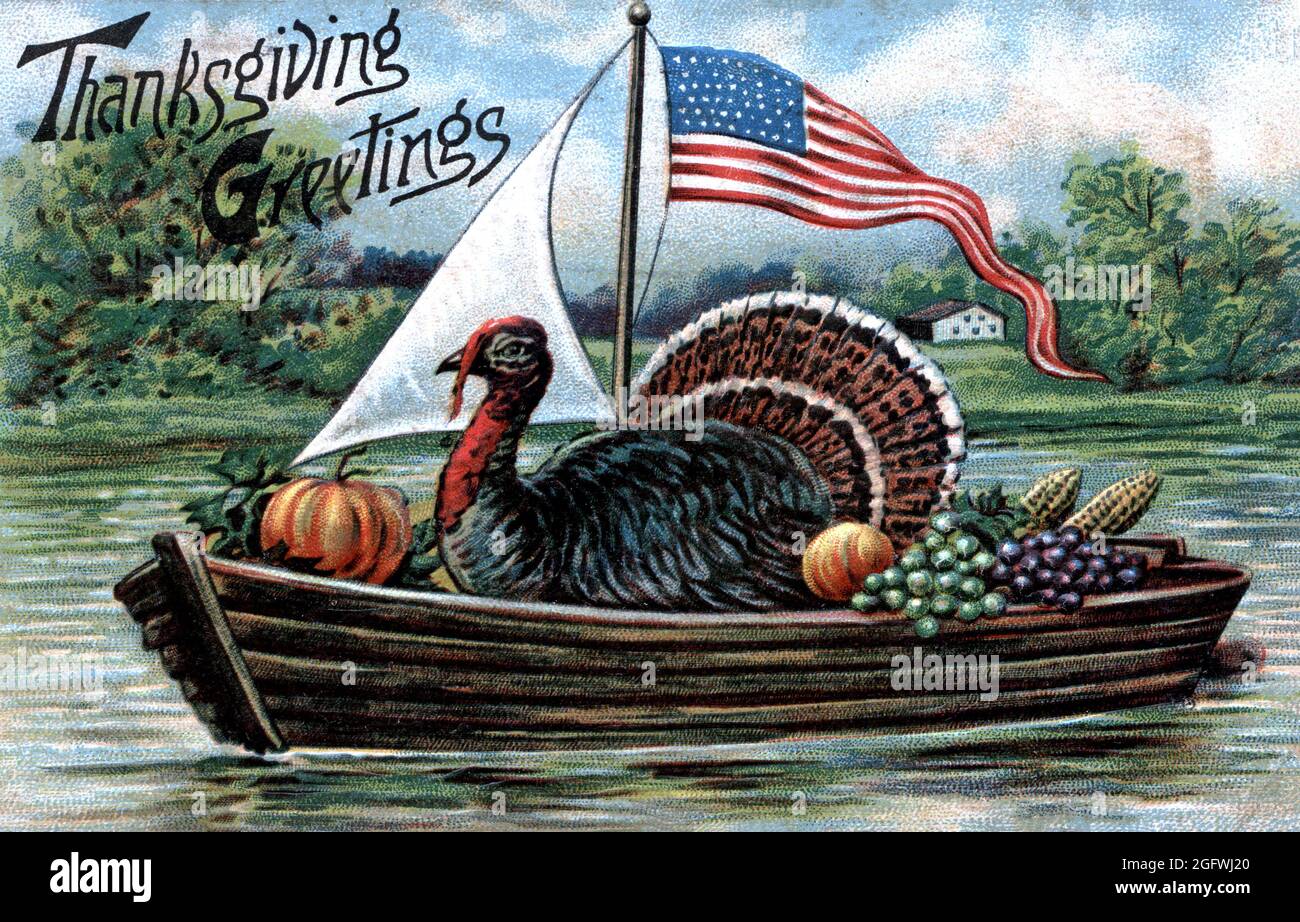 Illustration of turkey in a boat with the US flag on a vintage ...