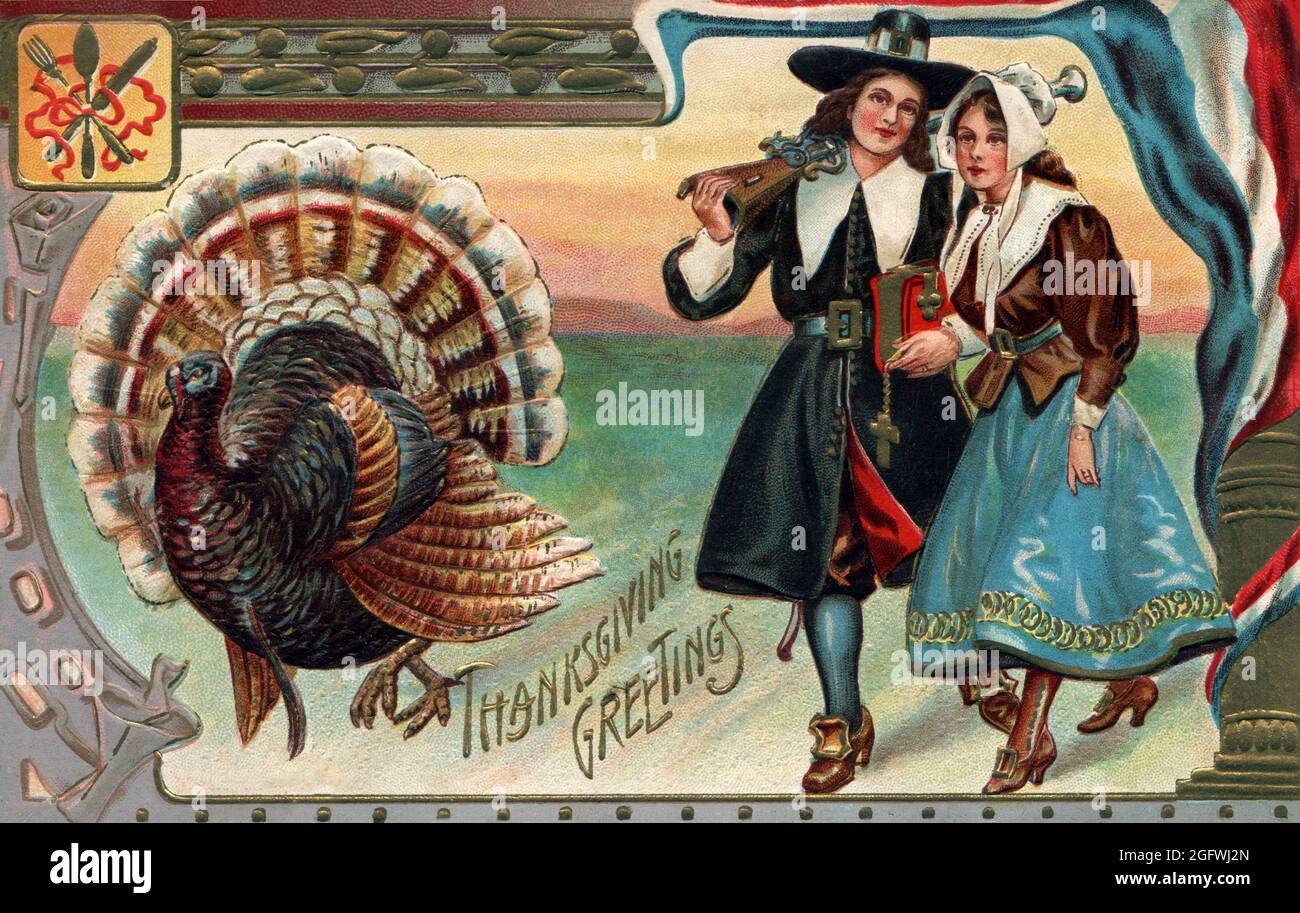 Illustration of a Pilgrim couple walking hand in hand on a vintage ...