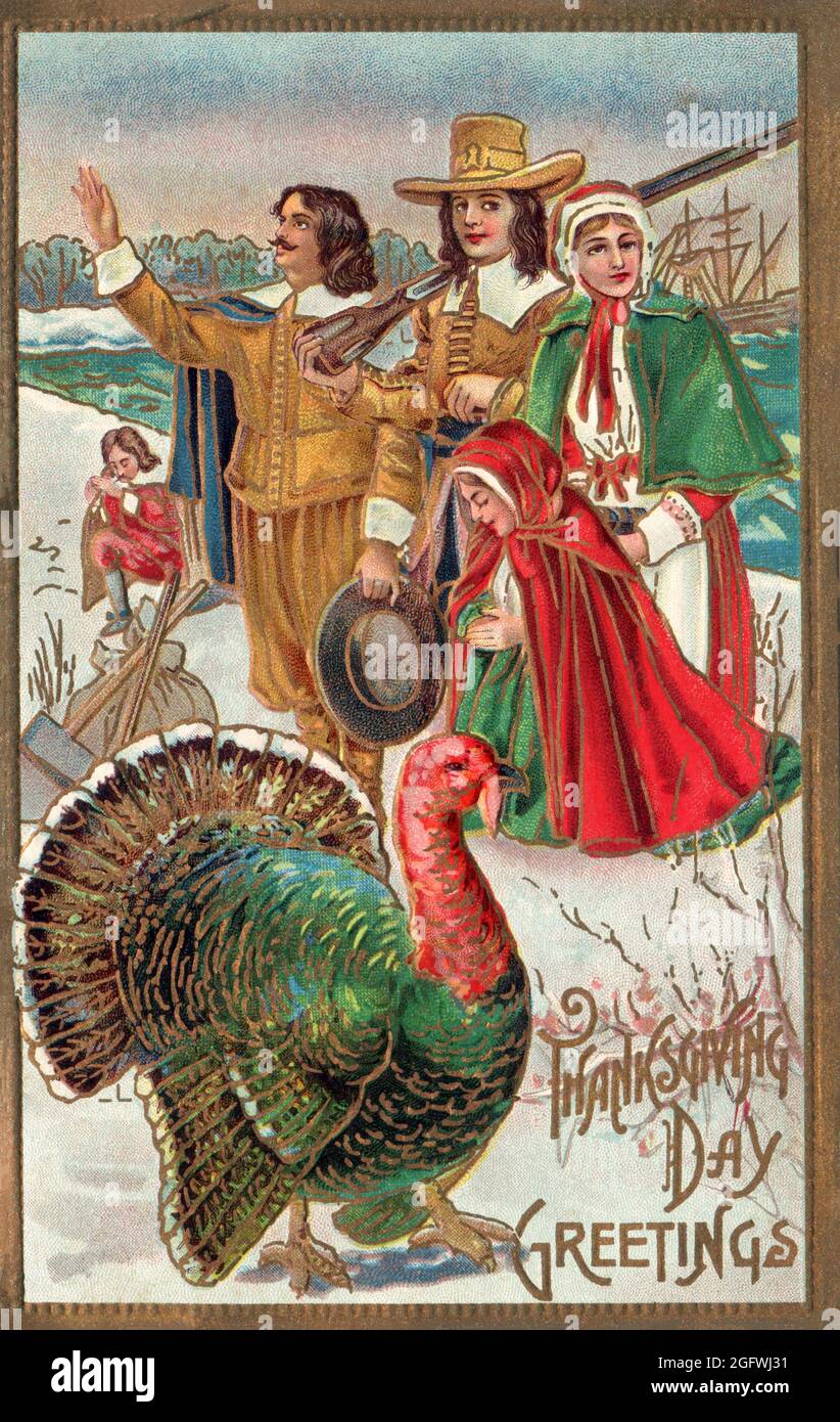Vertical illustration of the Pilgrim landing on a vintage Thanksgiving ...