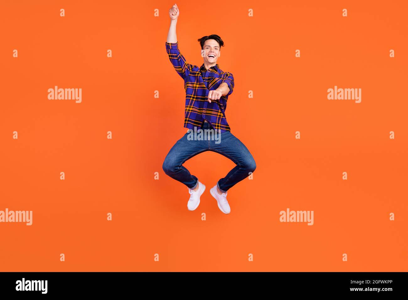 Full body photo of millennial guy jump wear shirt jeans sneakers ...