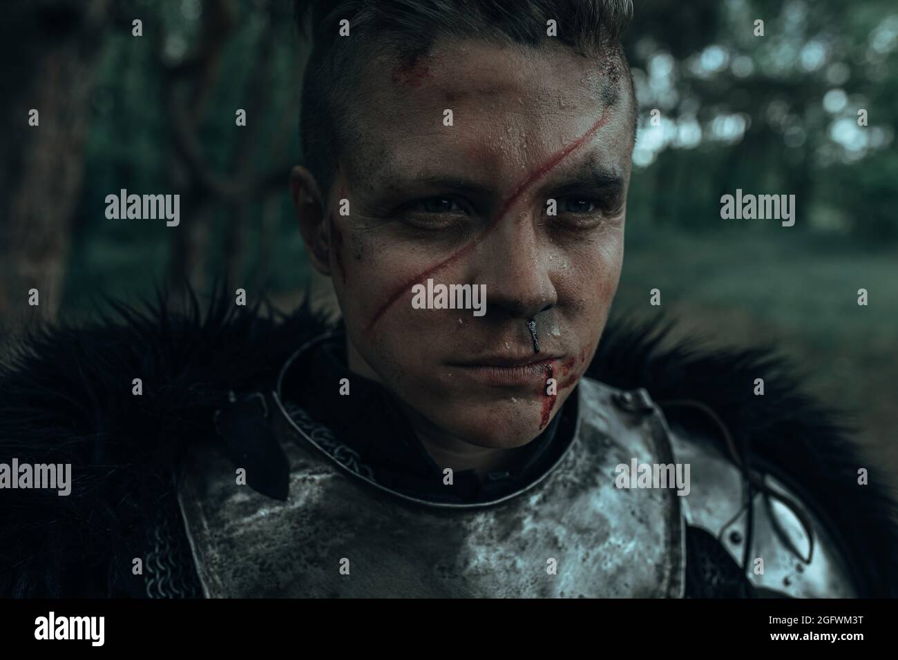 Portrait of medieval warrior knight in chain mail armour with bloody ...