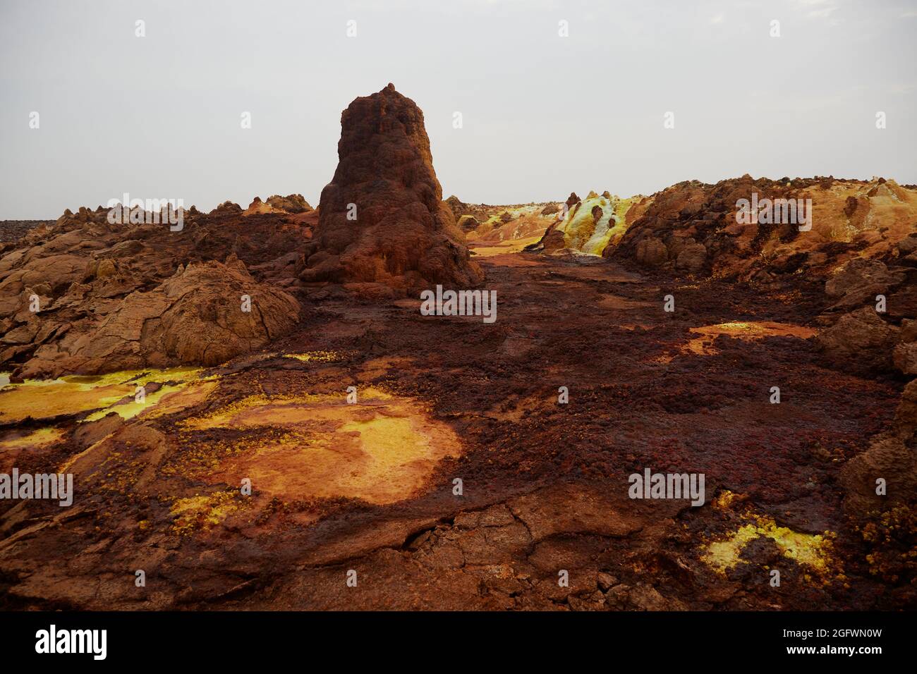 Sulphur fields at base of the Dallol Volcano, Ethiopia. Known as the ...