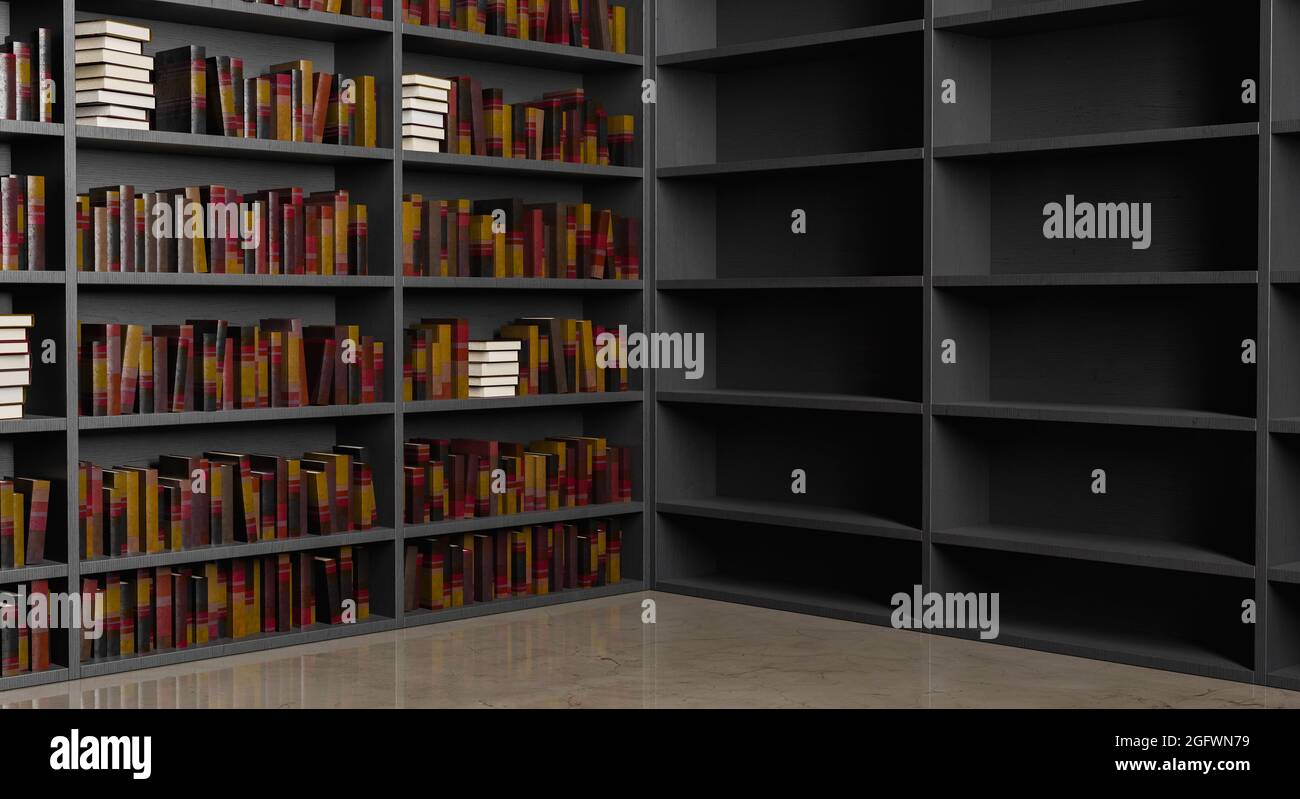 elegant library corner with one side of the shelves empty and the other ...