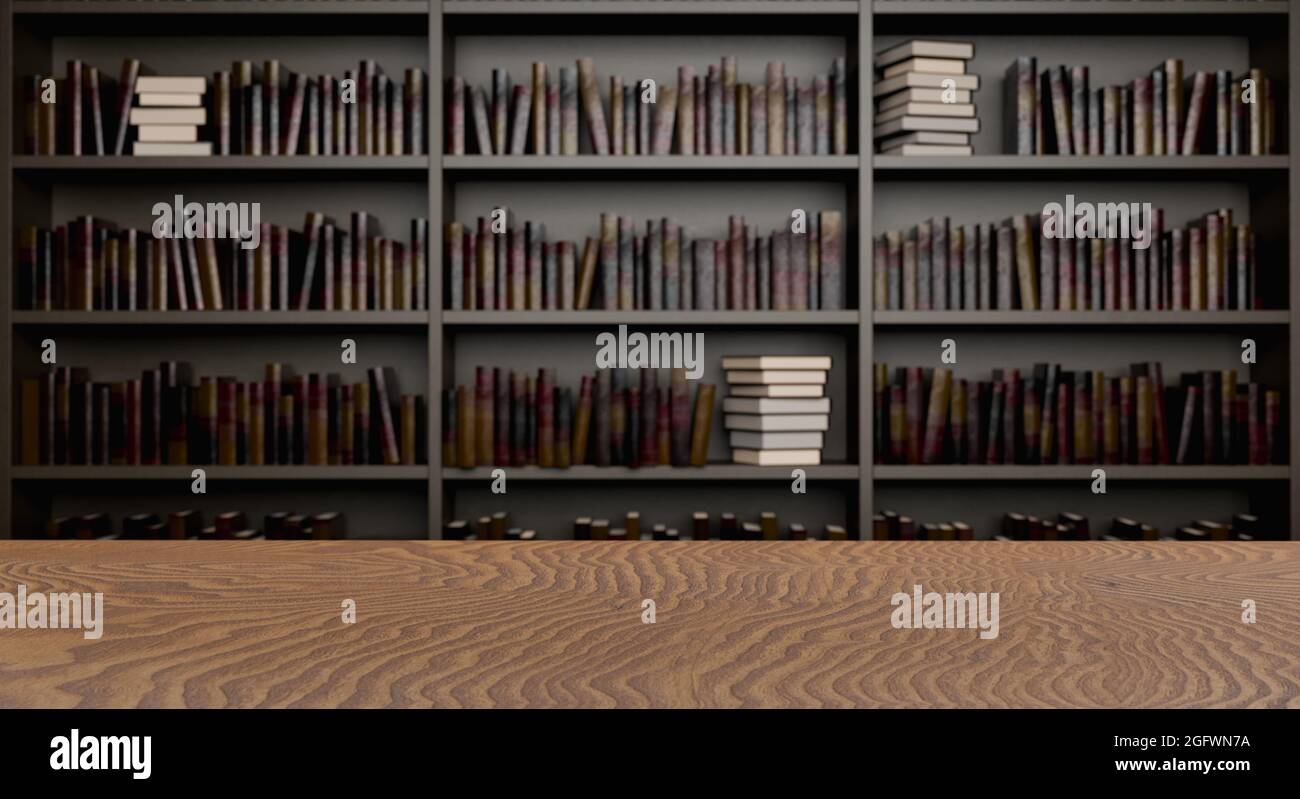 top view of a desk table with library shelves in the background. 3d ...