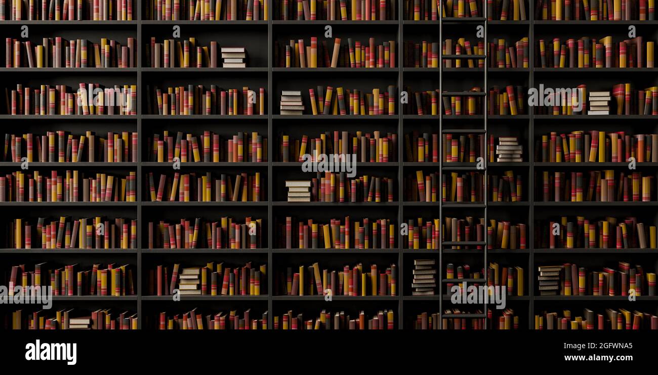 front view of an elegant library full of books with stairs on one side ...