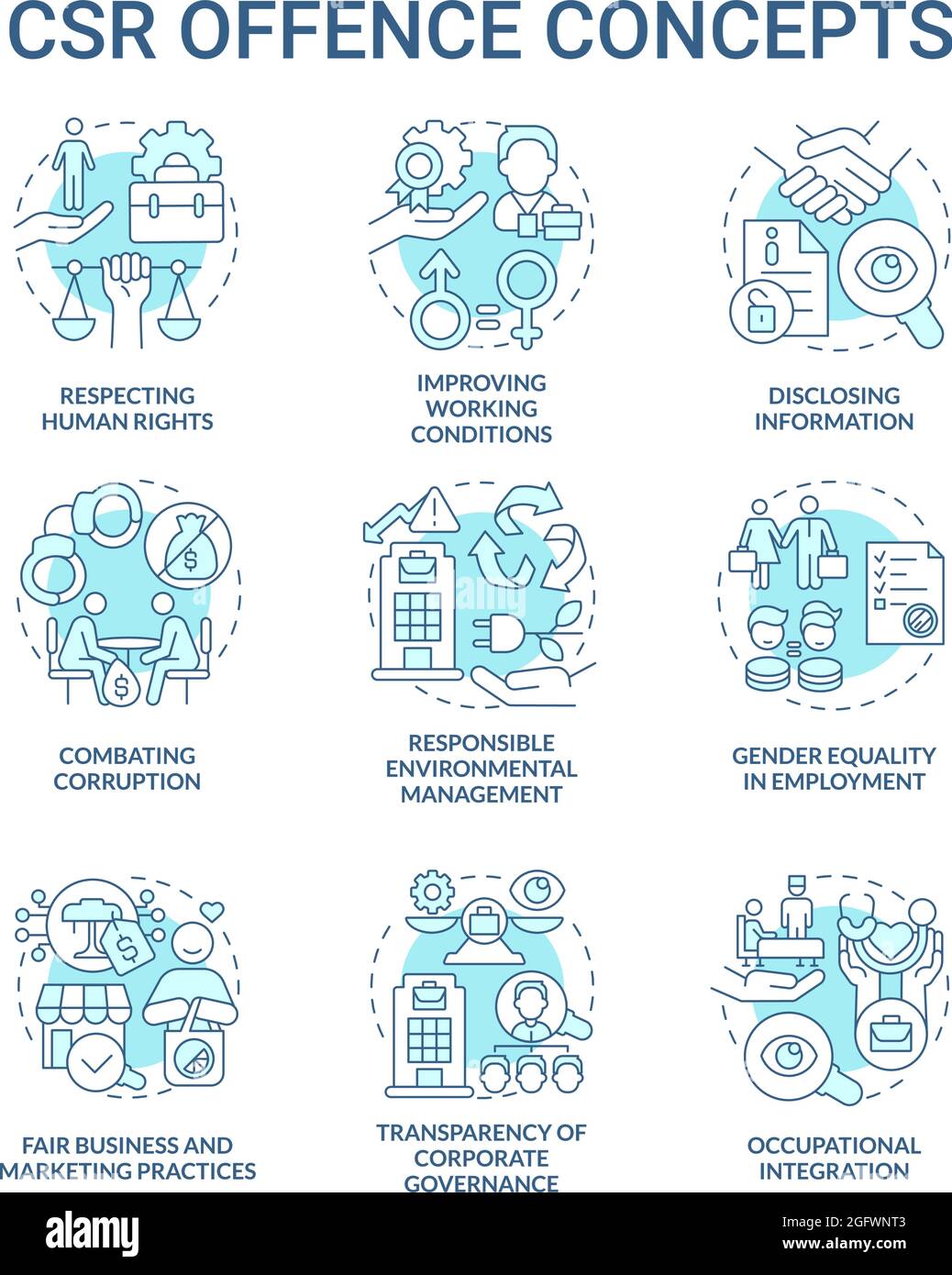 Corporate social responsibility offence blue concept icons set Stock ...